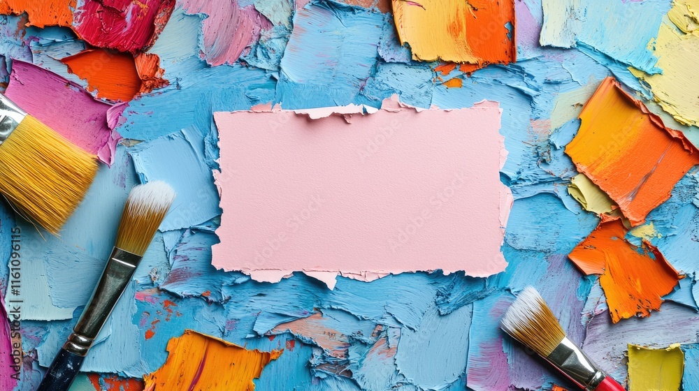 Ripped index card on vibrant textured background with paint scraps and ...