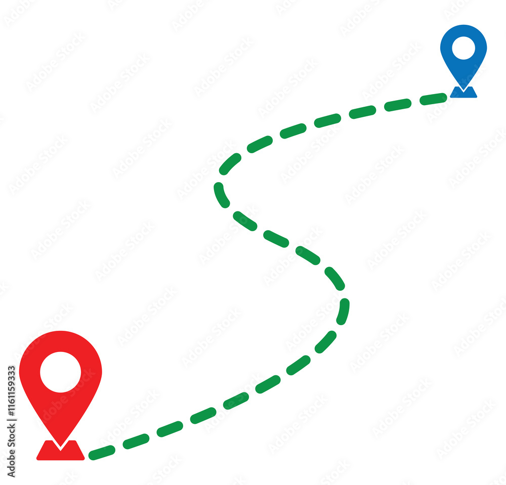 Route icon between two points with dotted path and location pin. Location pointer. Roadmap paths ...