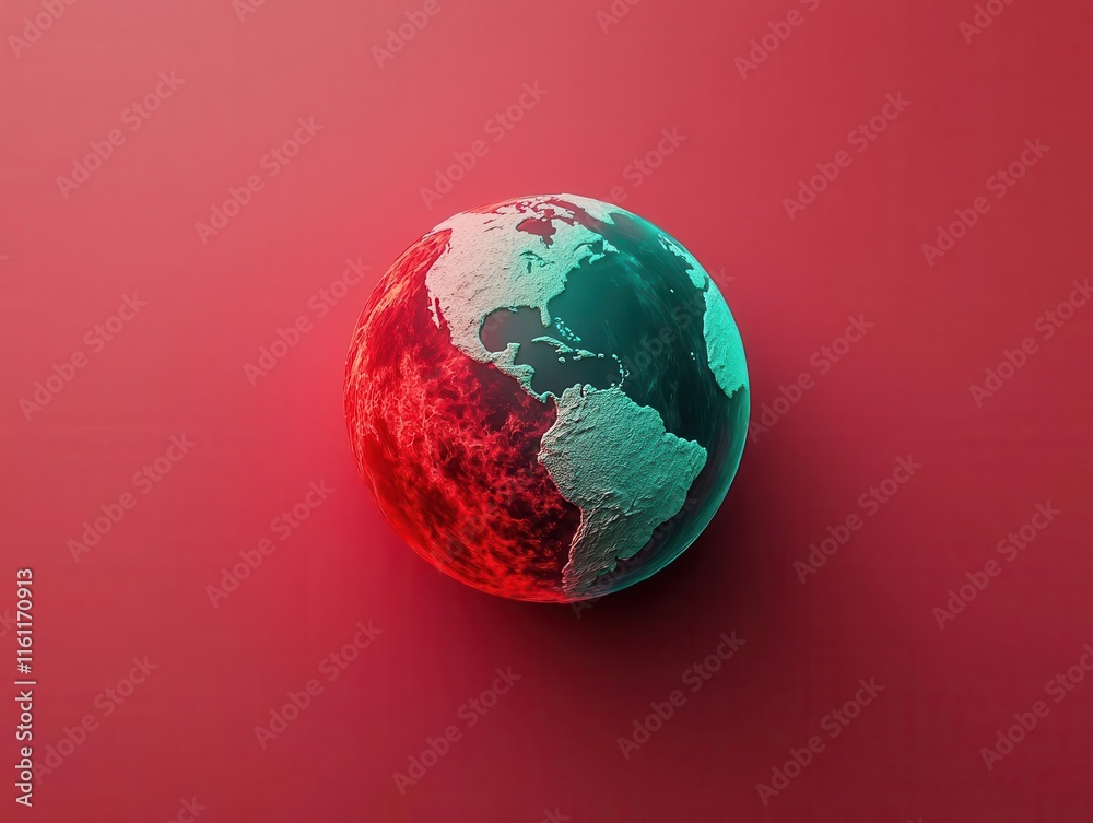 Abstract digital globe with red heat zones and green cool zones, carbon ...
