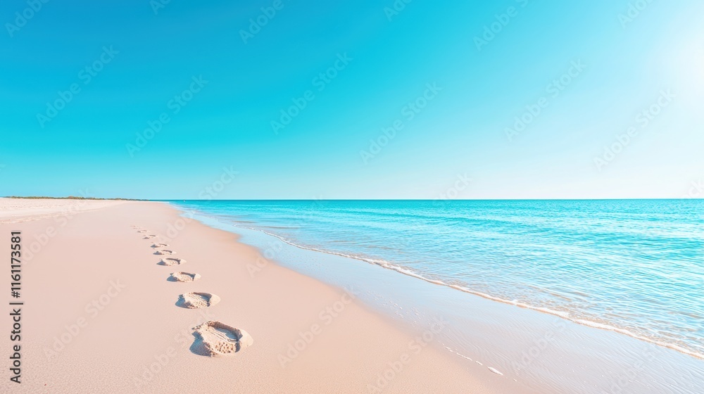 Footprints in the sand leading along a deserted beach, with the ocean ...