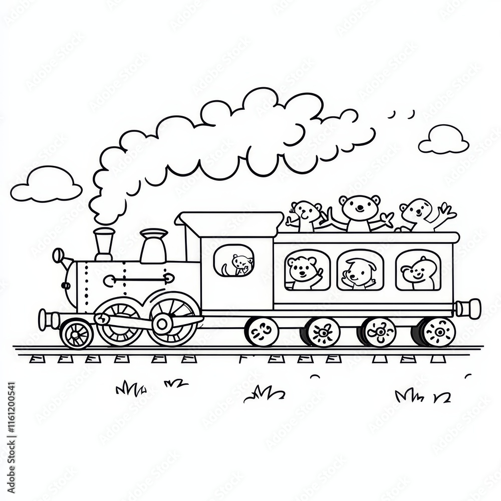 Teddy Bear Train Adventure: A charming black and white illustration of ...