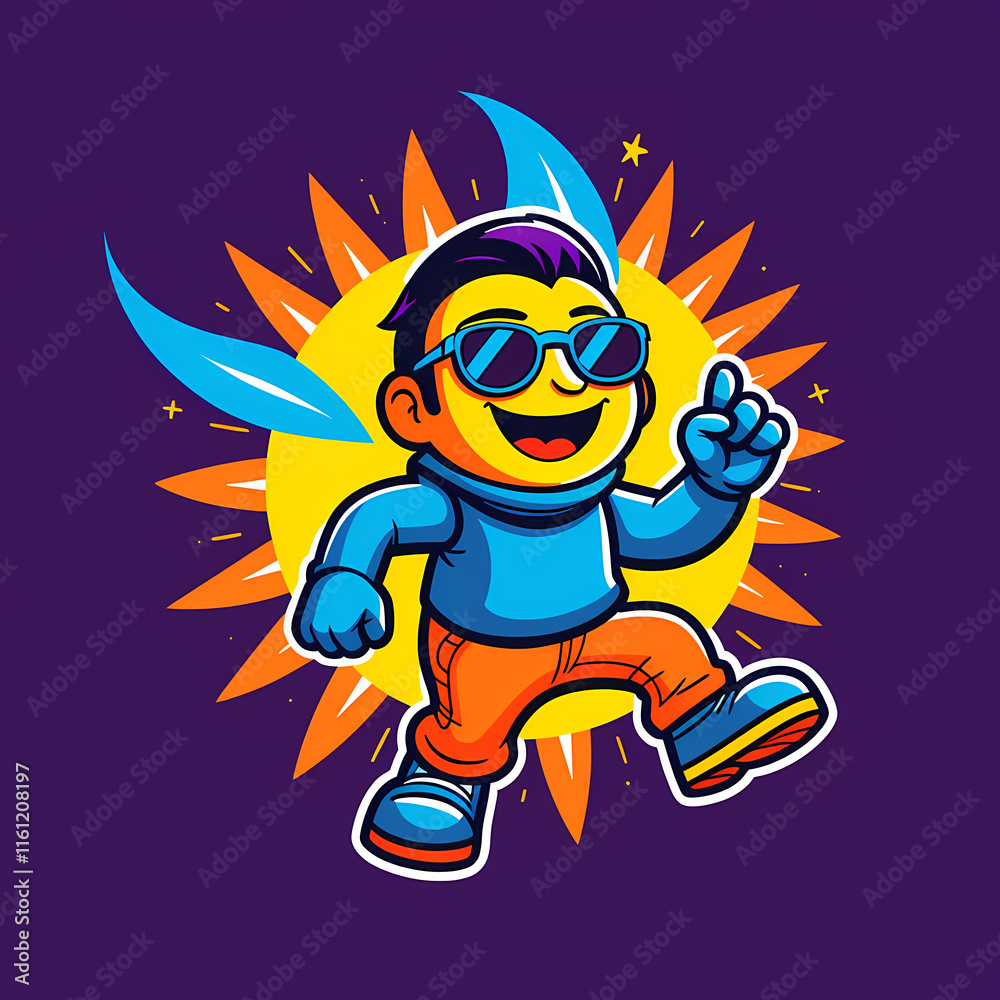 Cheerful sunburst character wearing sunglasses and pointing confidently ...