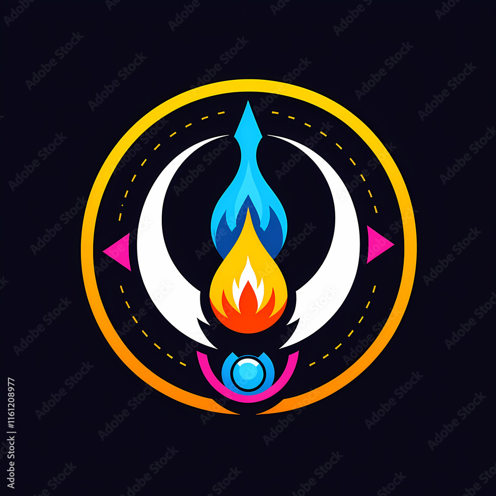 Stylized crescent and flame emblem with cosmic accents Emblema ...