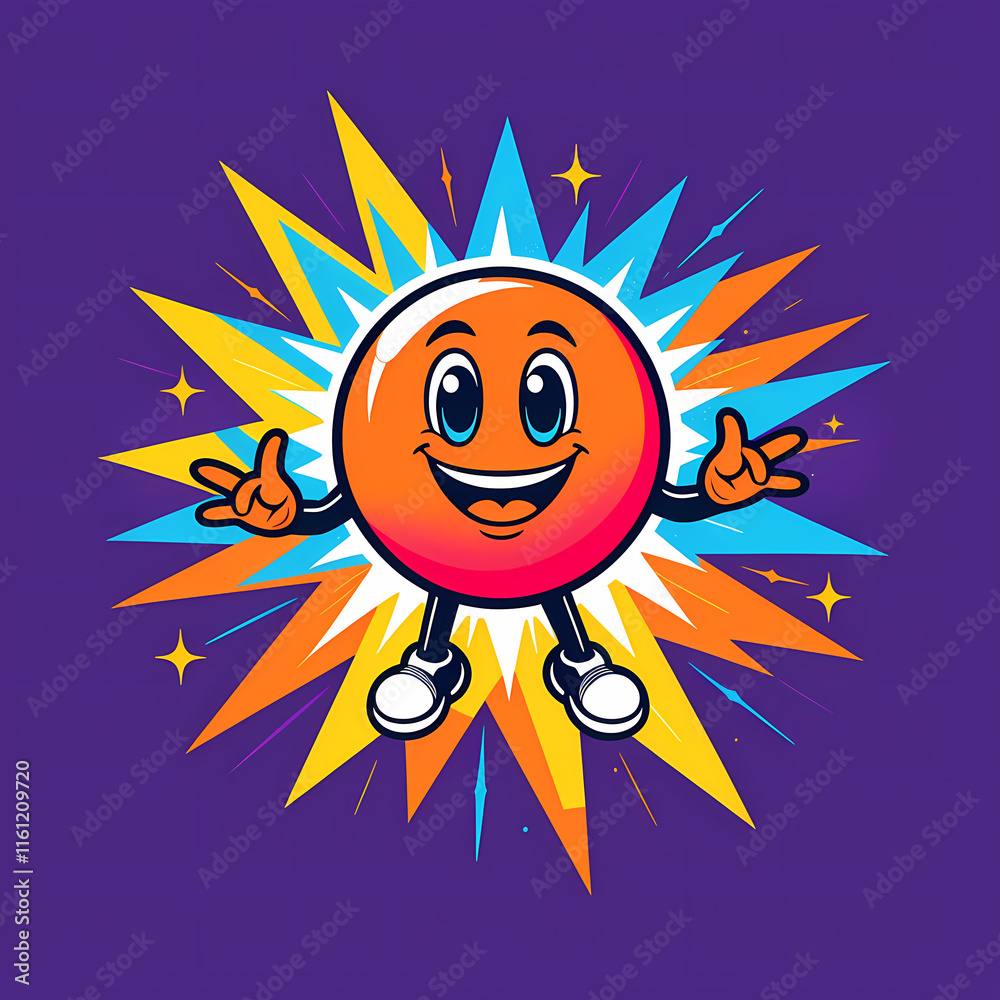 Happy cartoon sun character with explosion background / Sol ...