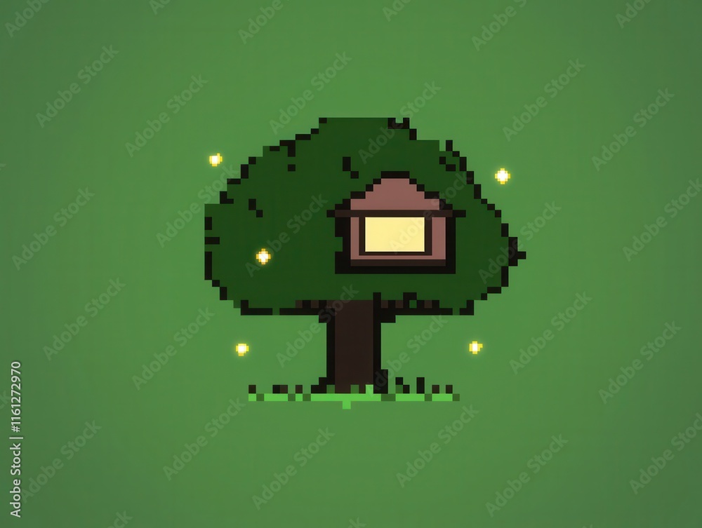 An intricate 8-bit pixel art of a glowing pixelated treehouse nestled ...