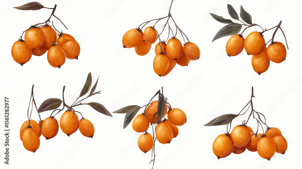 Set of hippophae rhamnoides (also known as sea-buckthorn, sandthorn ...