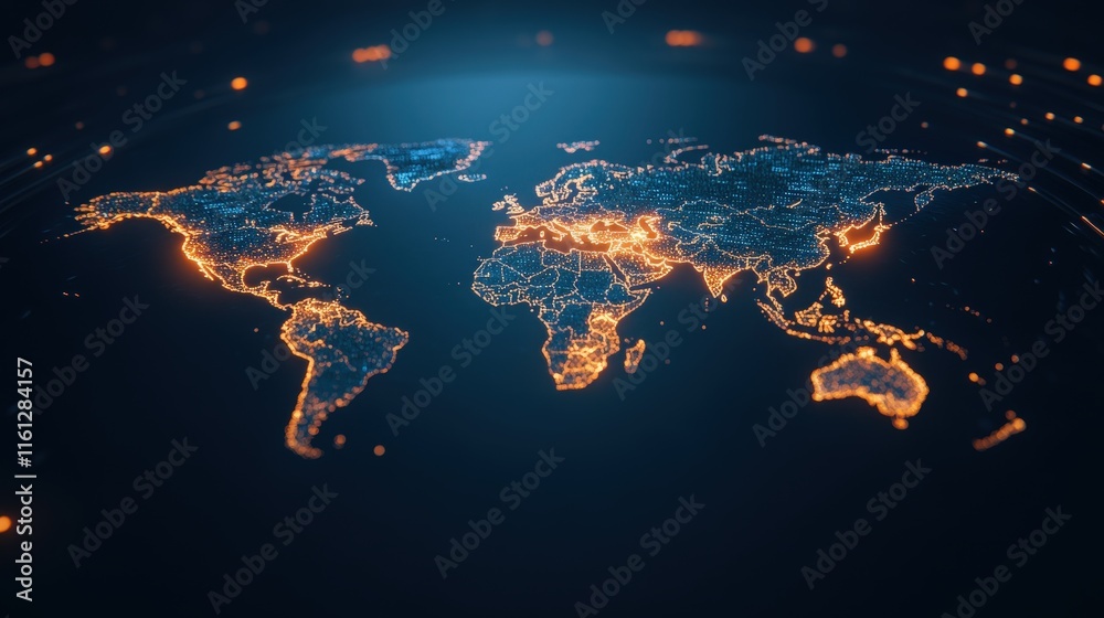 Illuminated World Map Highlighting Global Connections and Data Flow with a Modern Holographic ...