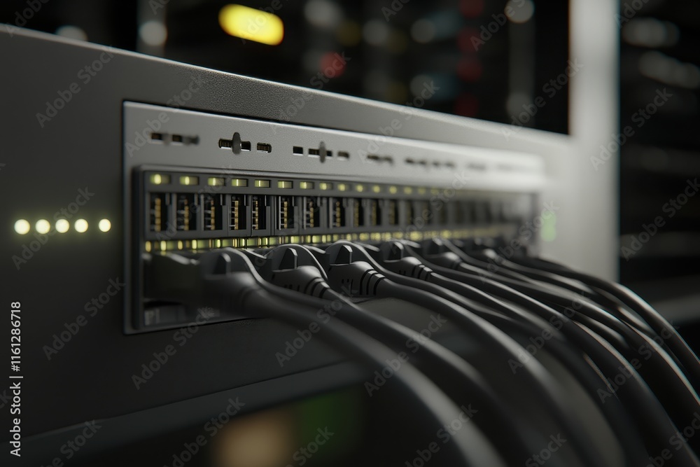 A network switch displays multiple Ethernet cables securely plugged in ...