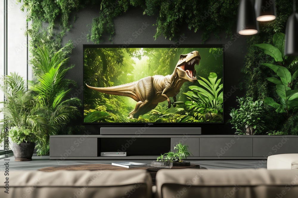 modern living room with tv there is a dinosaur jumping out of a tv ...