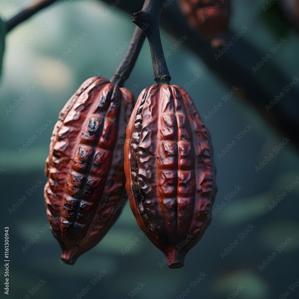 Cocoa plant pod hanging on tree cacao harvesting blurred background Ai ...