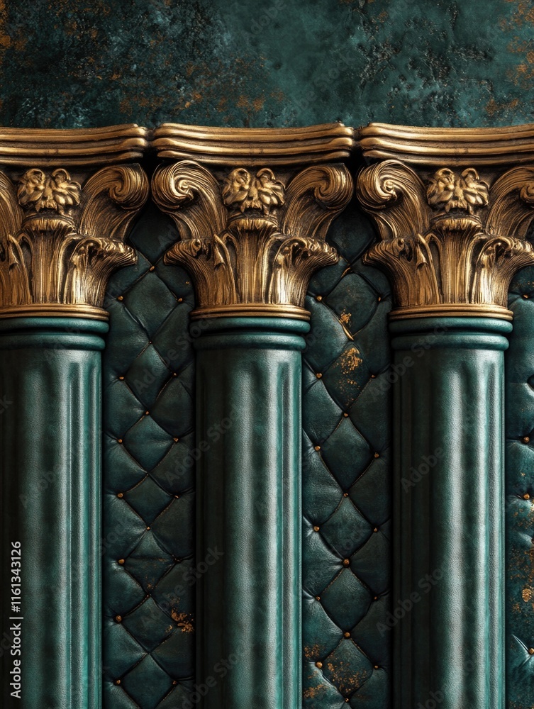 Three tall, ornate pillars with gold accents, creating a sense of ...