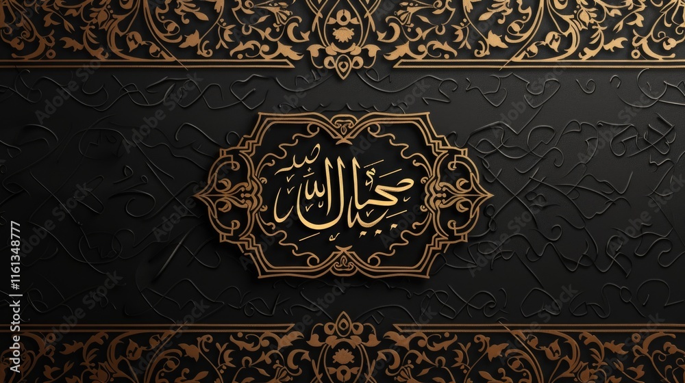 Black and gold background with Arabic writing that says "Sala Allah ...
