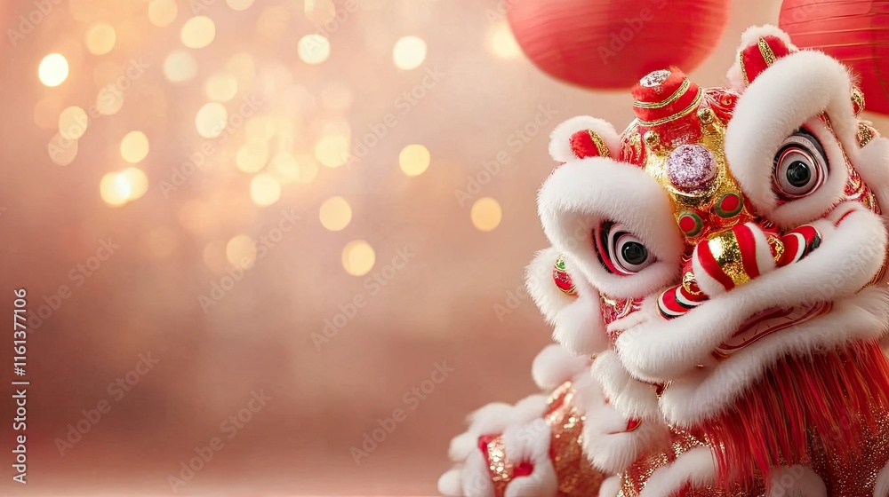 Colorful lion dance performance on street with bokeh lights background ...