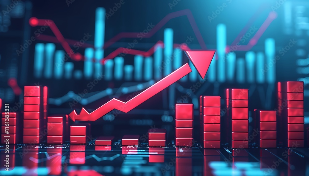 A stylish graph diagram with a growing arrow and bar symbols ...