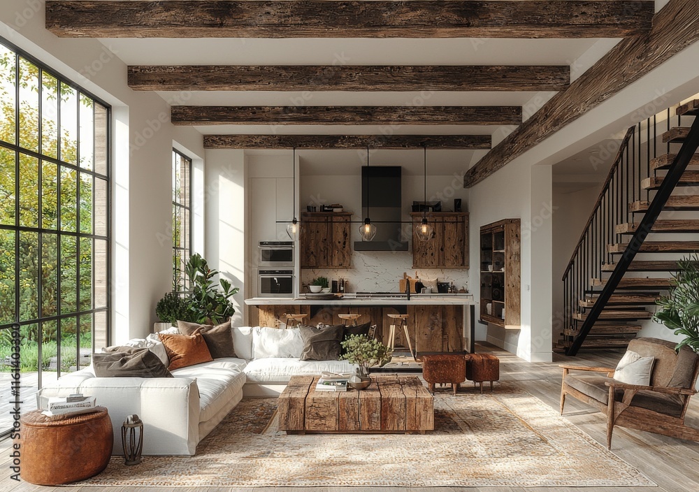 Stunning living room interior panorama featuring entry, dining room ...