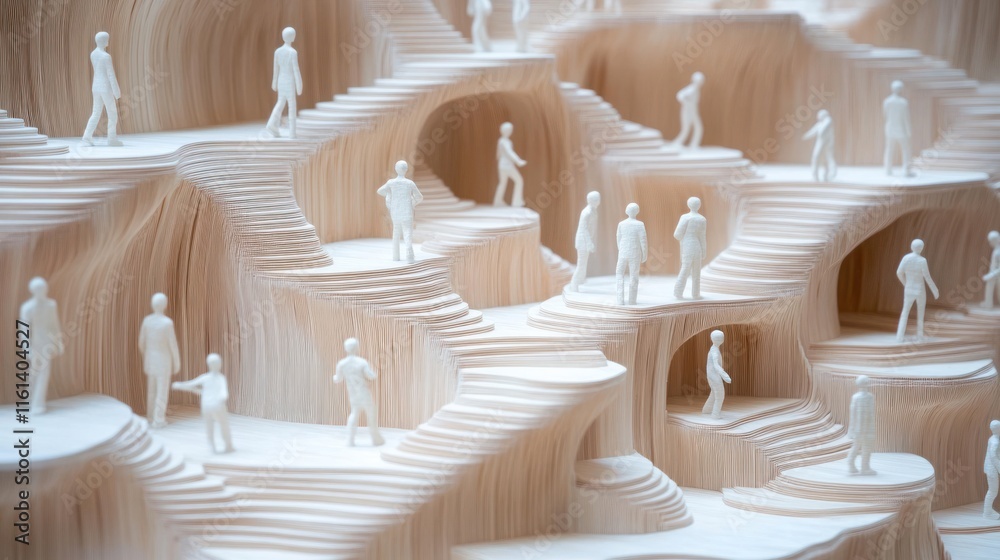 Abstract architectural model with miniature figures navigating a ...