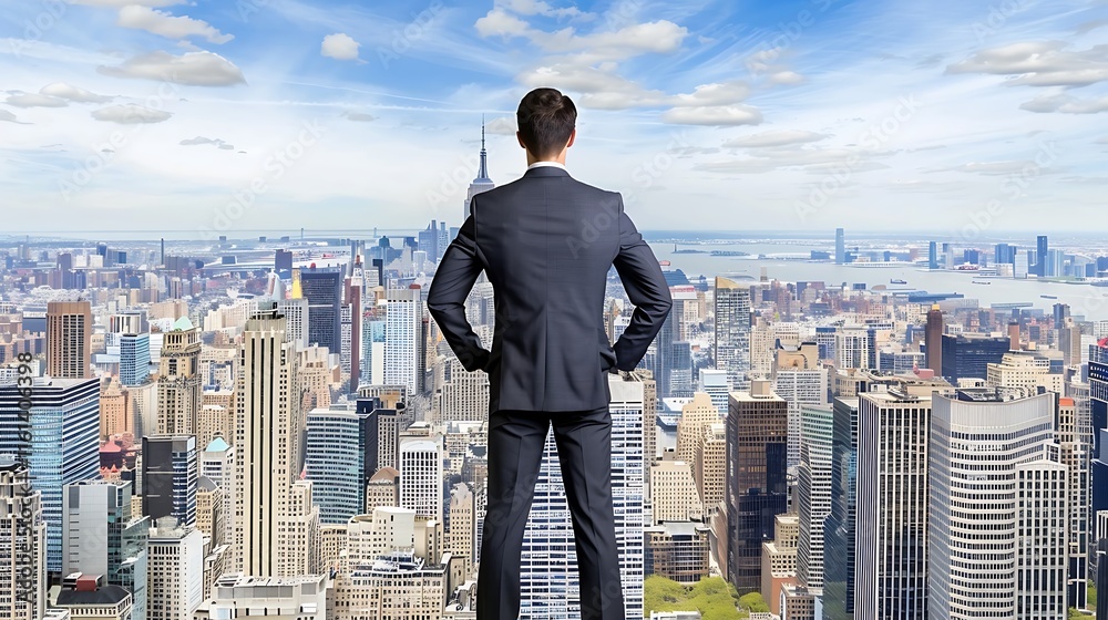 Young businessman profile stands his back facing the camera looking out ...
