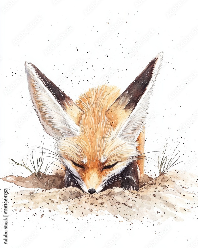 Fennec fox playfully digging in sand desert environment wildlife close ...