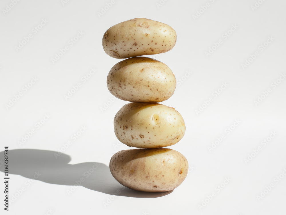 Minimalist representation of a tall stack of peeled potatoes on a white ...