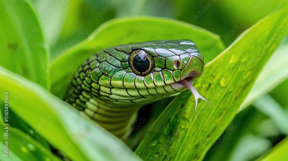 Green snakeâ€™s head emerging from lush grass, tongue flickering in the ...