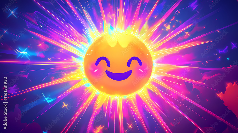 Happy sun illustration with smiling face, bright rays, and cheerful ...