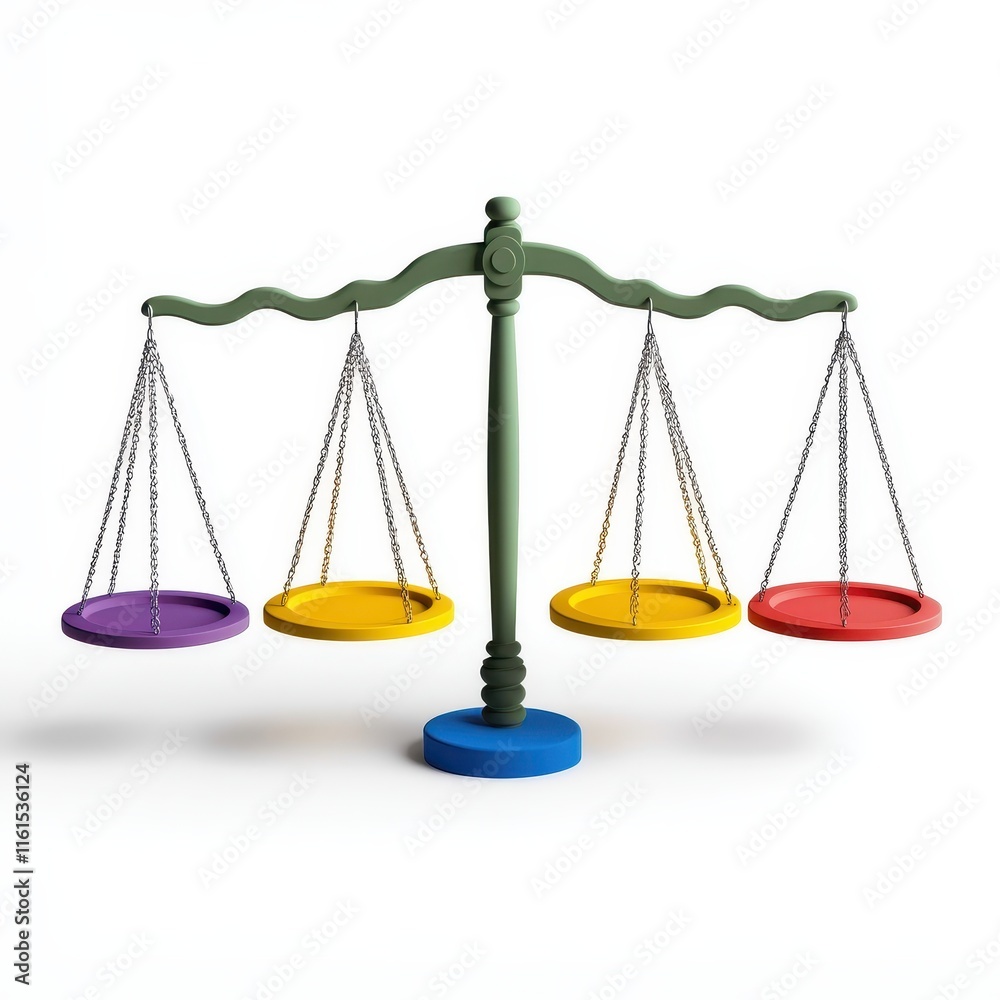 A colorful balance scale with four plates, symbolizing justice ...