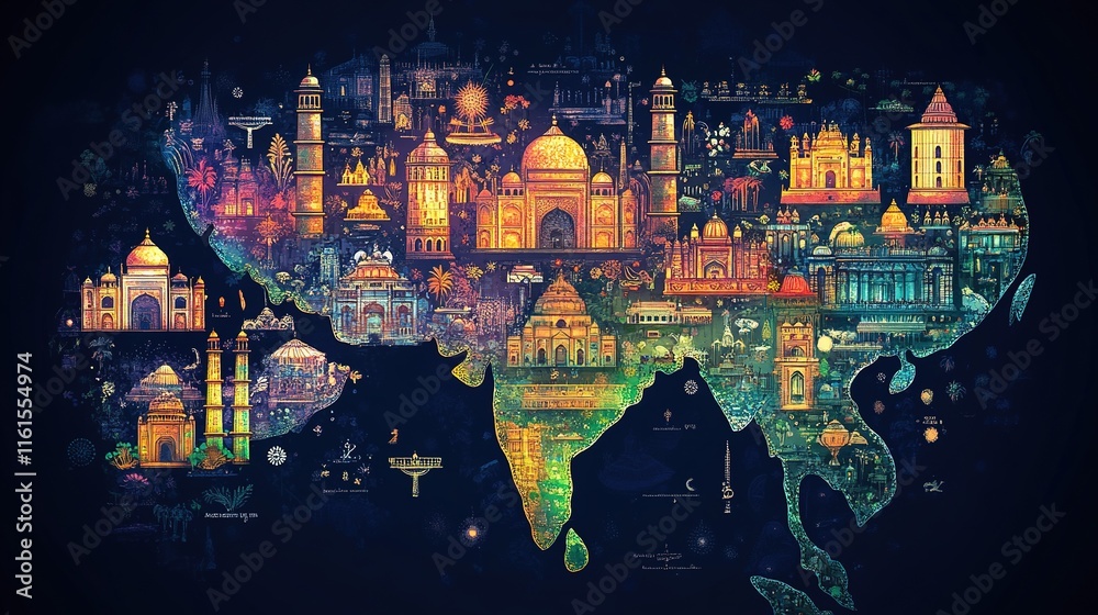 Illustrated map of India with famous landmarks. Stock Illustration ...