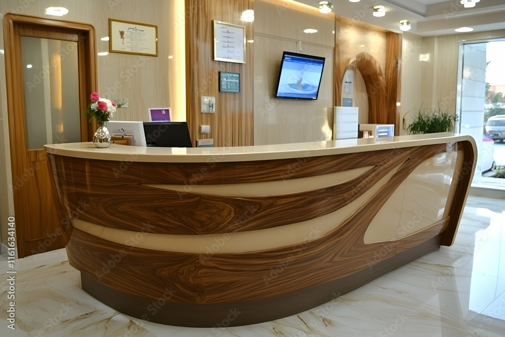 Elegant Reception Desk, Modern Office Interior Design with Wood Accents ...
