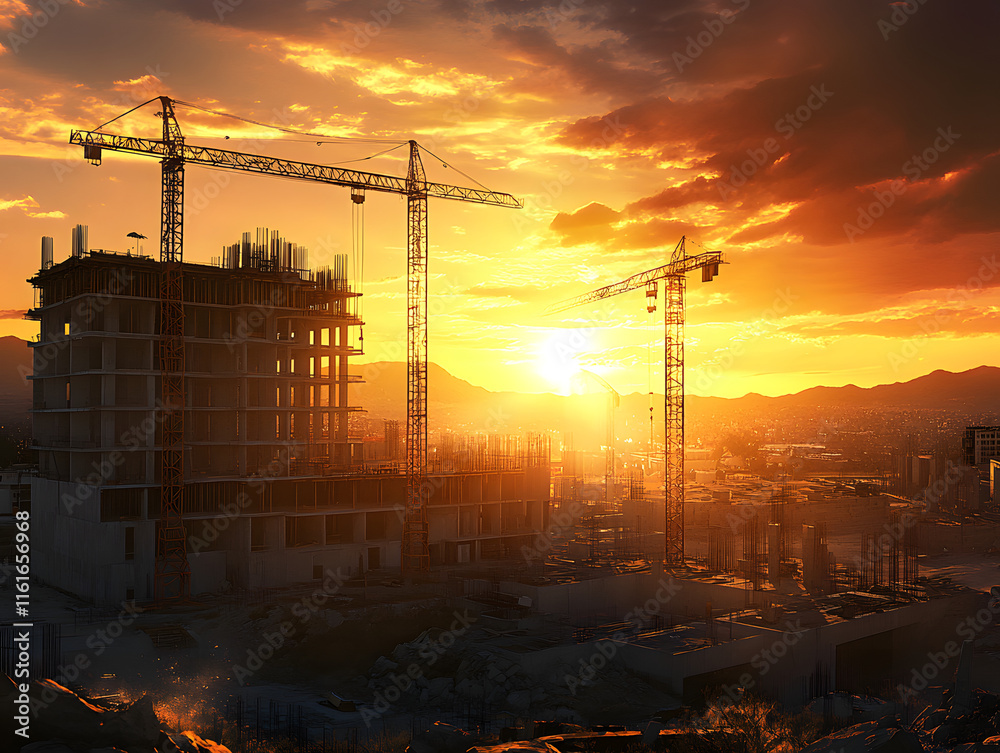 construction site sunset multi-story building cranes structure ...