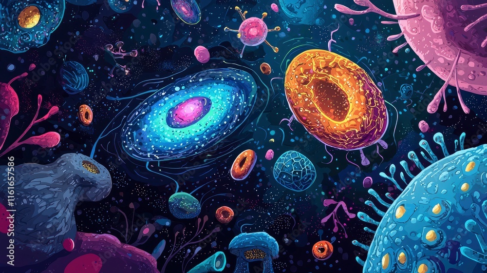 Ilustración de Stock Colorful microscopic organisms, cells, and ...
