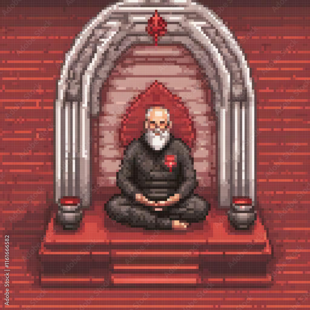 Pixel art depicts a regal man seated on a throne, with a vibrant red ...