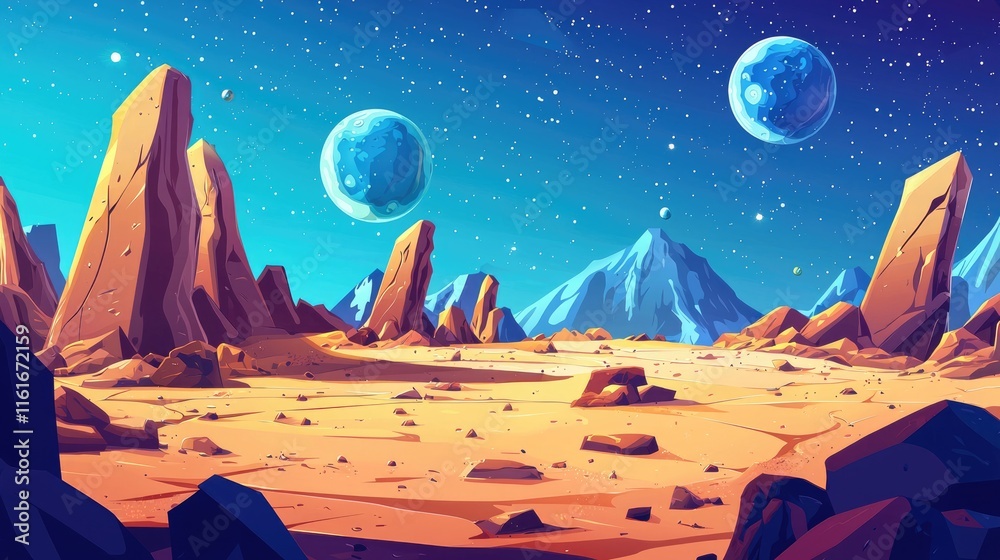 An alien landscape with rocky formations, blue moons, and a starry ...