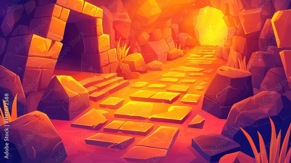 Stone Pathway Leading to Bright Light at End of Cave, 2d cartoon for ...