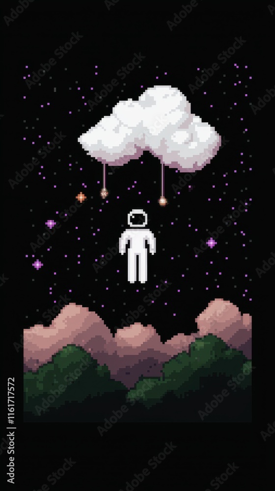 A delightful 8-bit pixel art of glowing pixelated astronauts floating ...