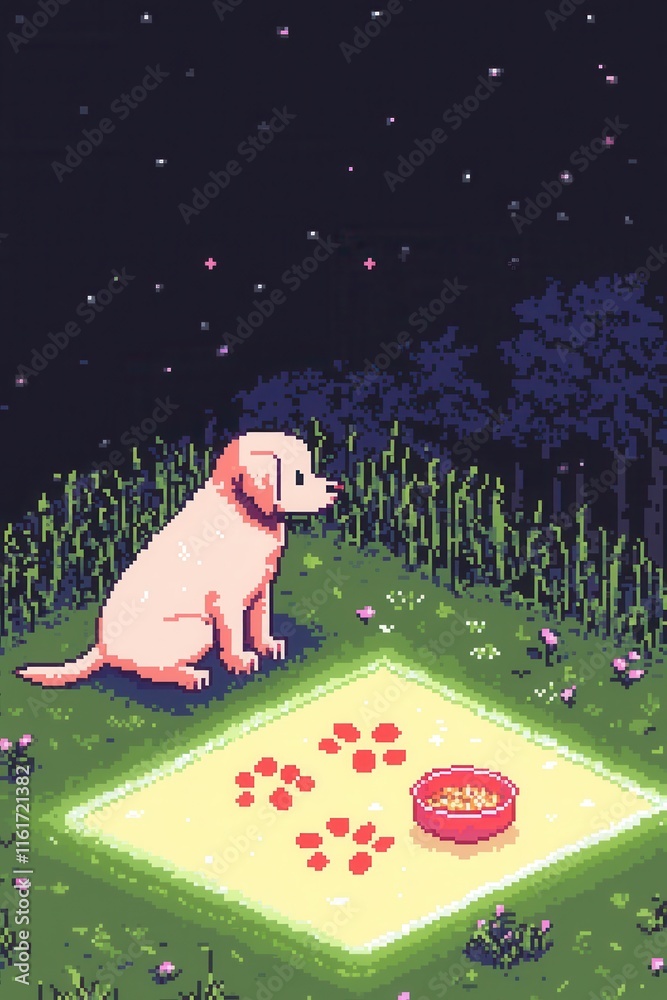 An intricate 8-bit pixel art of a glowing pixelated puppy sitting ...