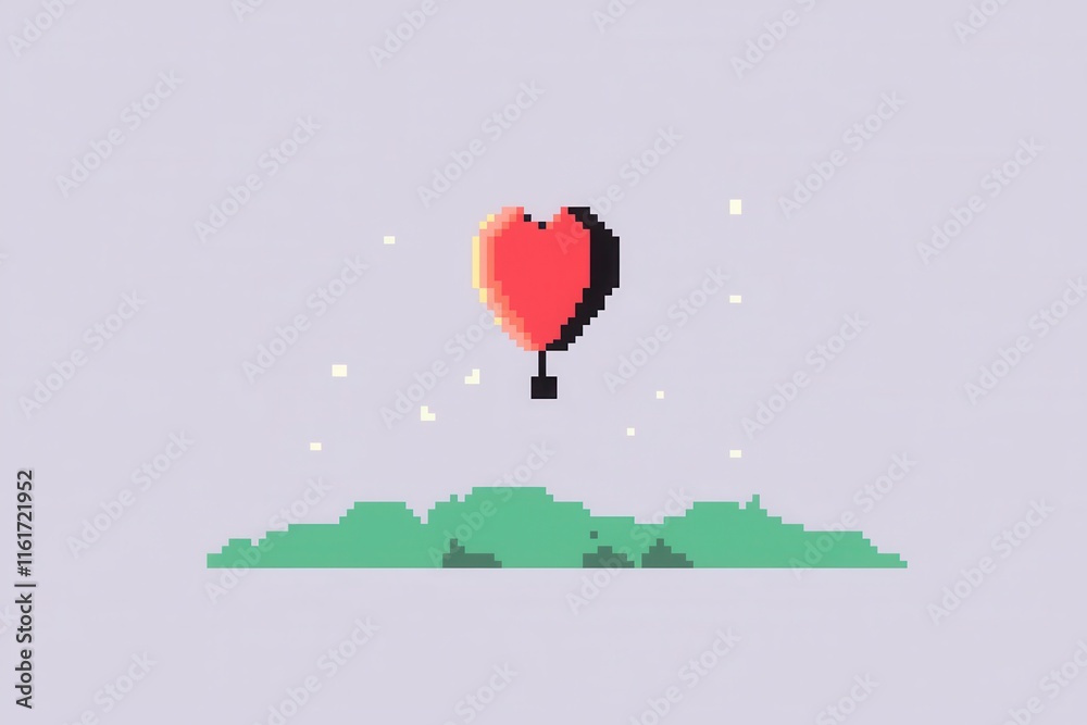 A charming 8-bit pixel art of a glowing pixelated hot air balloon ...