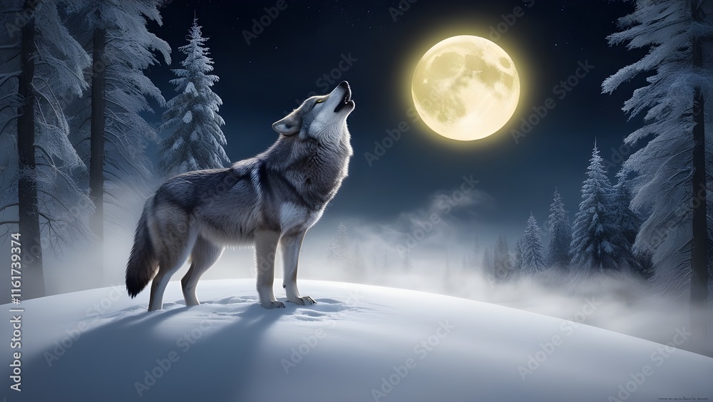 majestic gray wolf stands atop a snow-covered hill, its fur fluffed up ...
