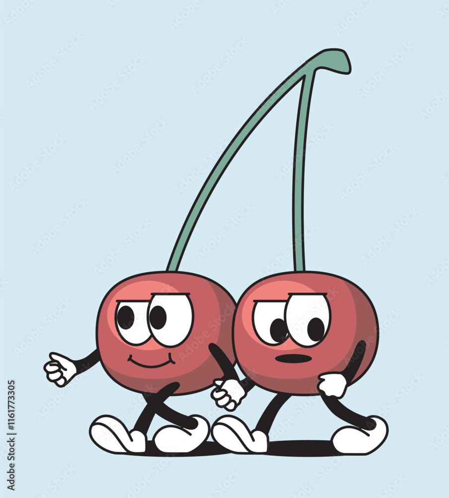 Two funny cartoon cherry characters with expressive faces holding hands ...