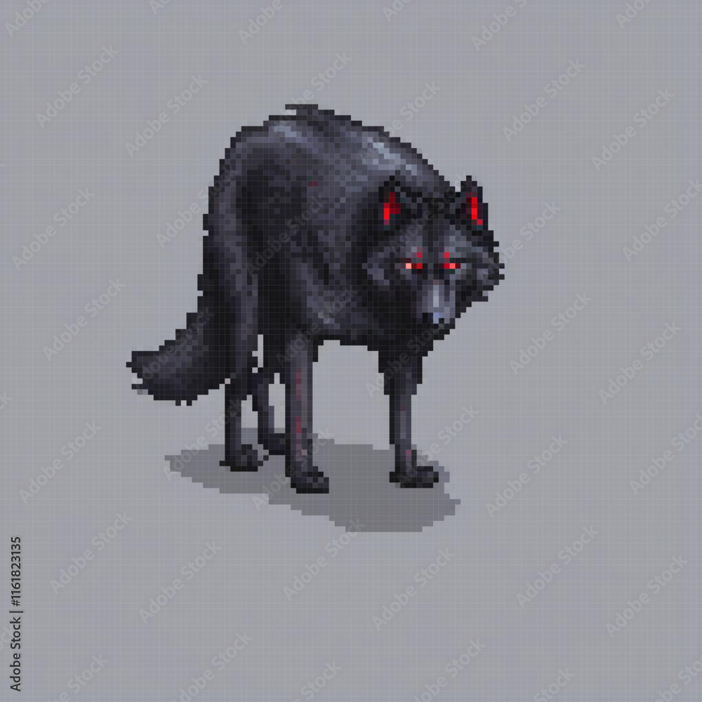 Stunning pixel art of a fierce black wolf with piercing red eyes ...