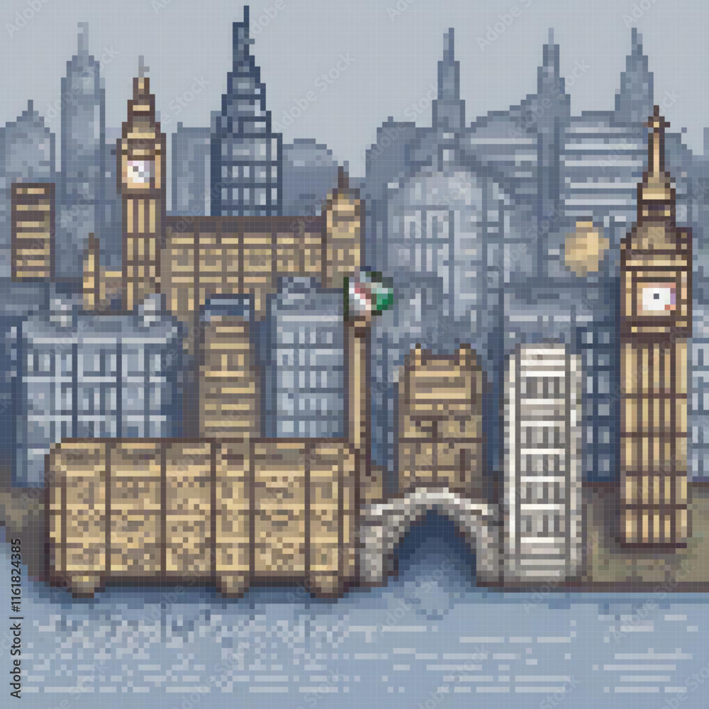 Pixel art of Londons iconic Big Ben and Houses of Parliament. Stock ...