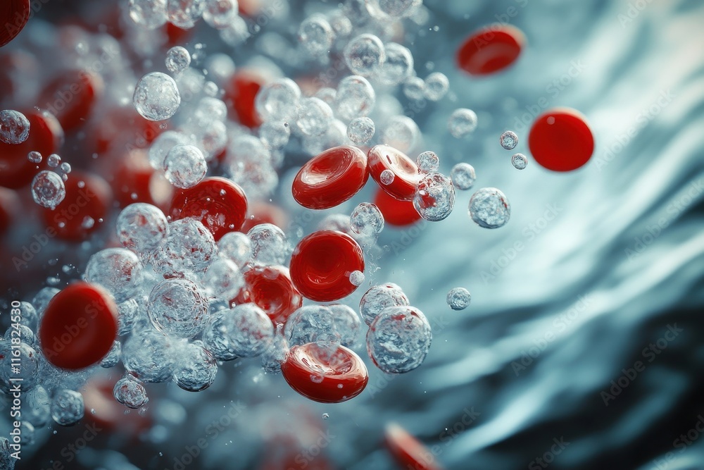 Red blood cells travel through a watery medium, surrounded by bubbles ...