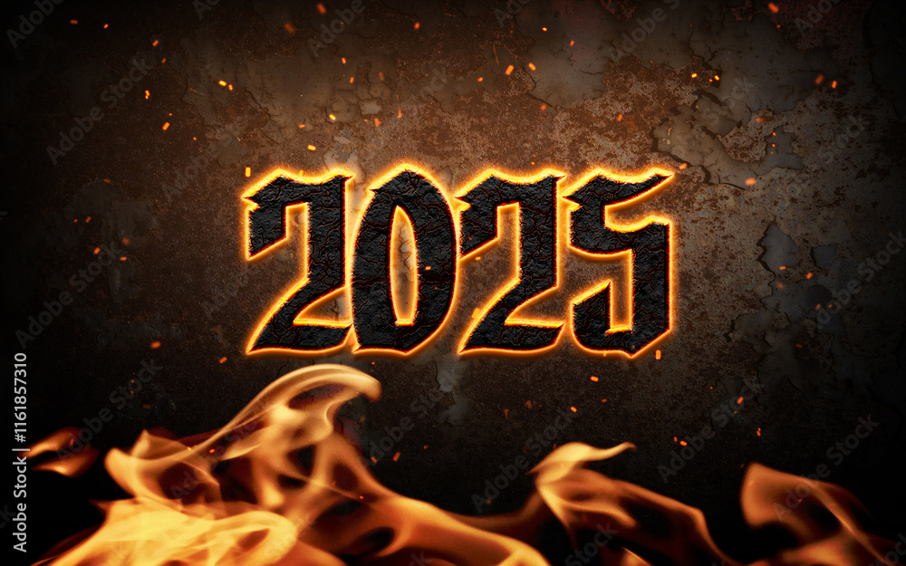 2025 Fiery 3D Text Effect with Flames and Grunge Background Stock ...