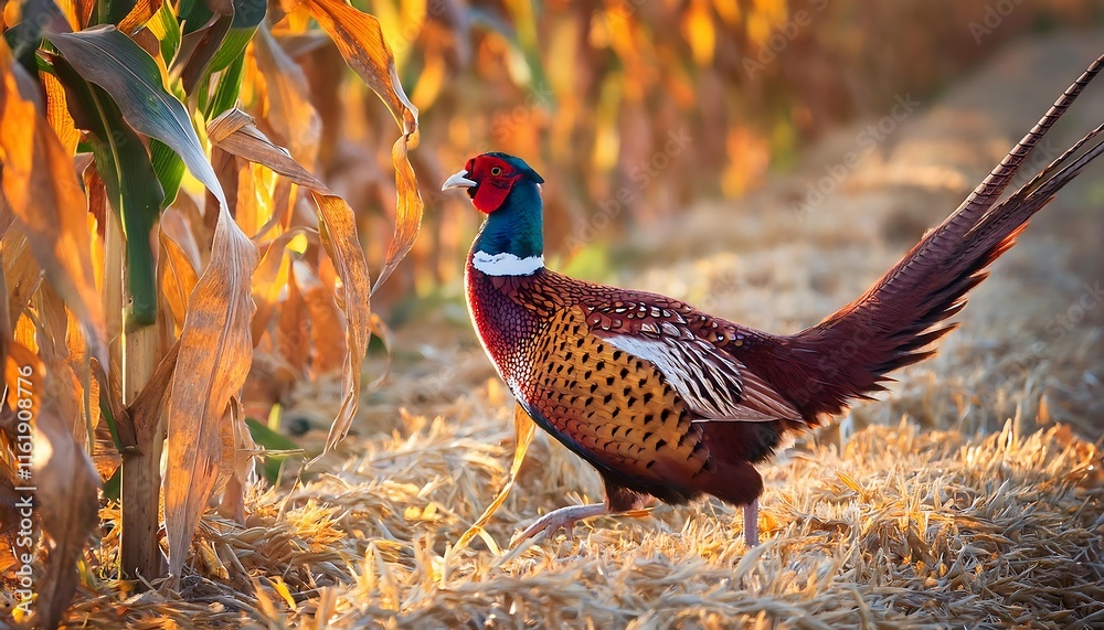 Graceful Pheasant Strolling Through a Golden Cornfield の Stock フォト ...