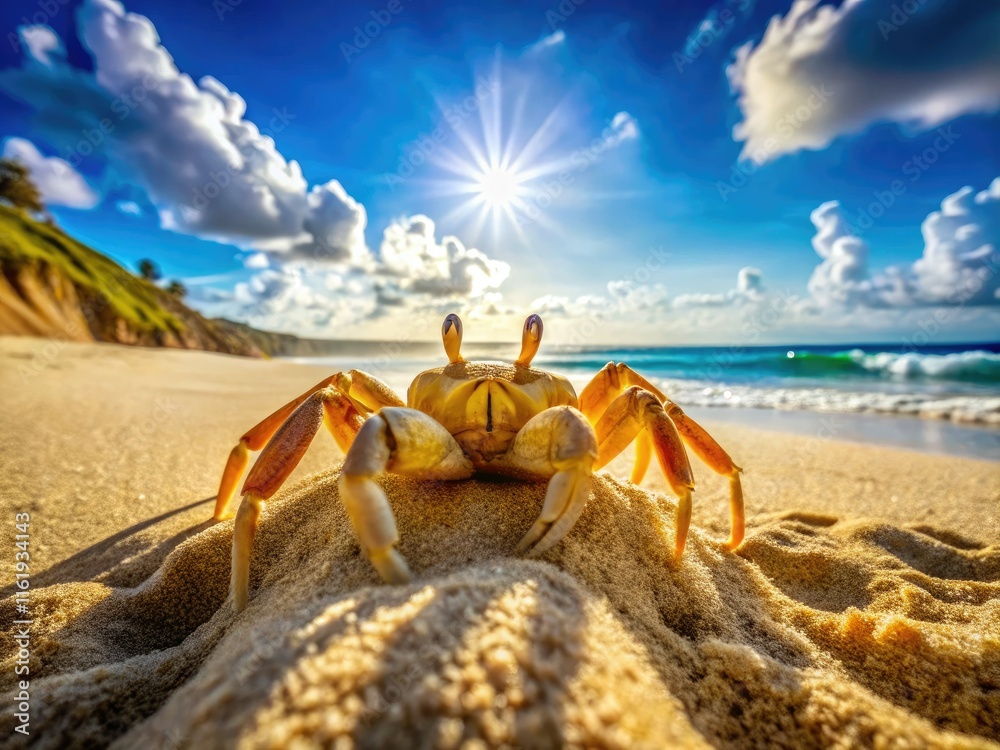 Sun-drenched beach panorama: sand crabs build, wildlife thrives, ocean ...