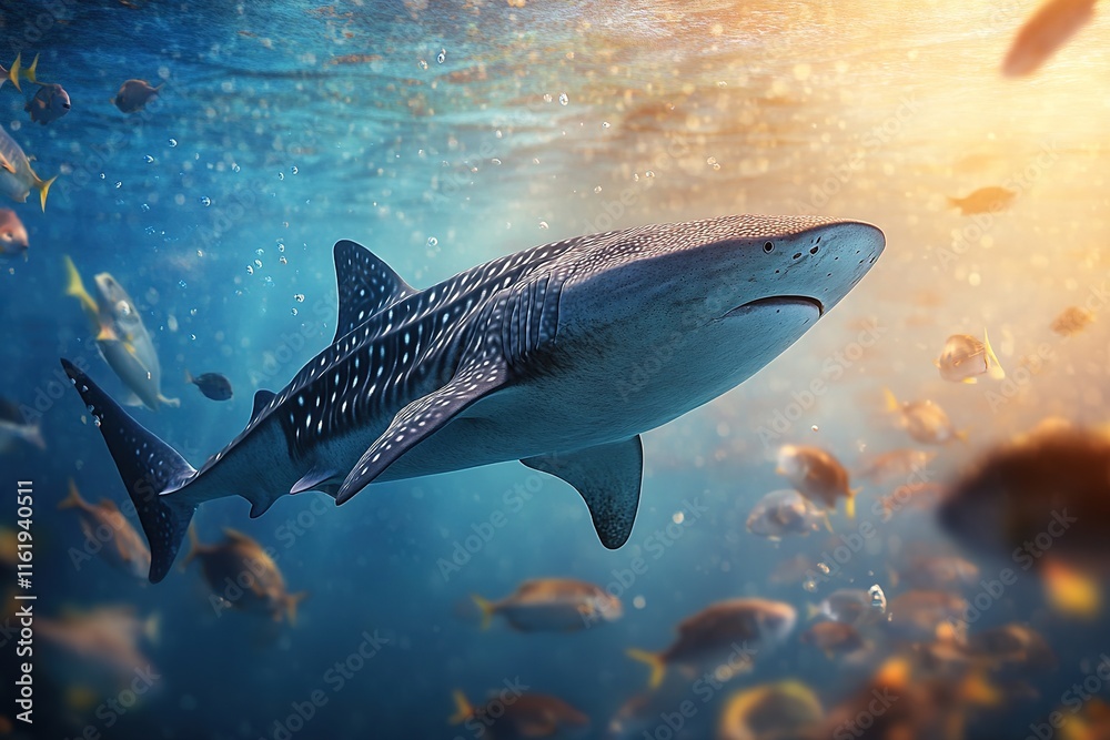 giant whale shark swimming peacefully beneath surface of ocean with ...