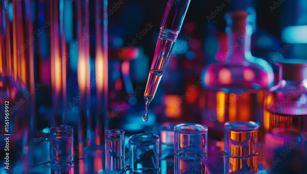 Pipette dispensing liquid into test tubes in a brightly lit laboratory ...