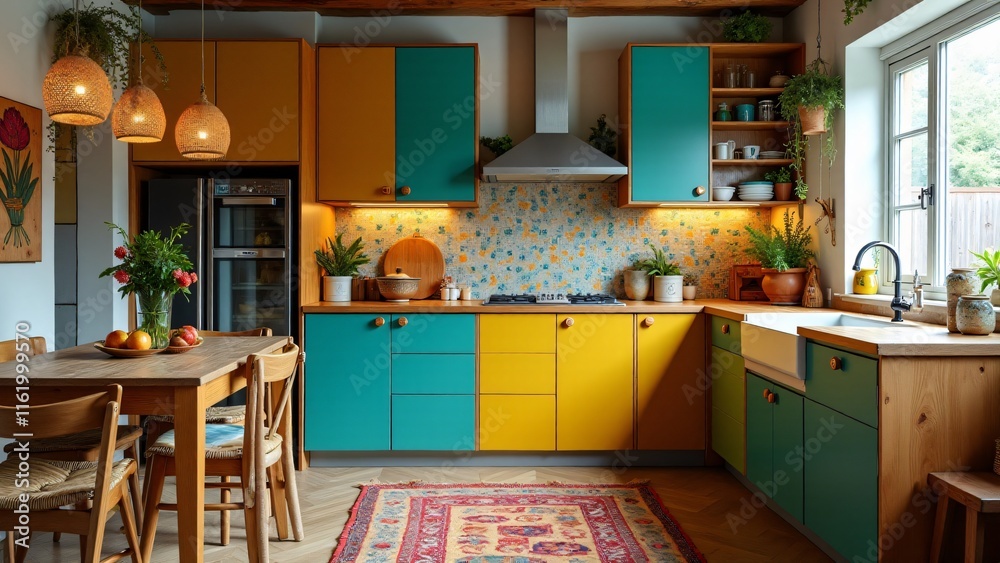 Bohemian kitchen with mismatched cabinets, reclaimed wood countertops ...