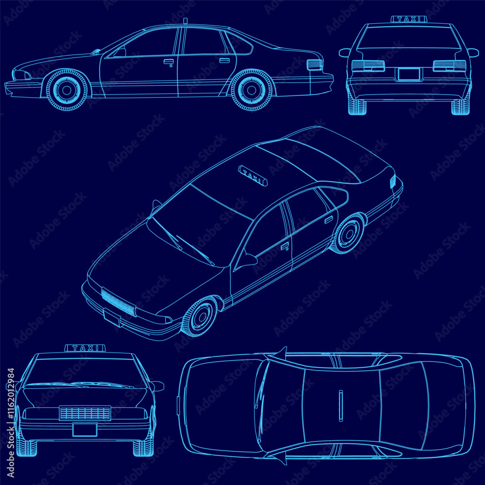Blue drawing of a taxi cab. The taxi cab is shown from the front, back ...