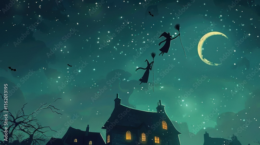 Two witches fly on broomsticks under a crescent moon and starry night ...