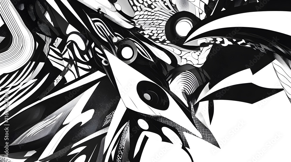 Dynamic black and white design with sharp angular patterns in layers ...